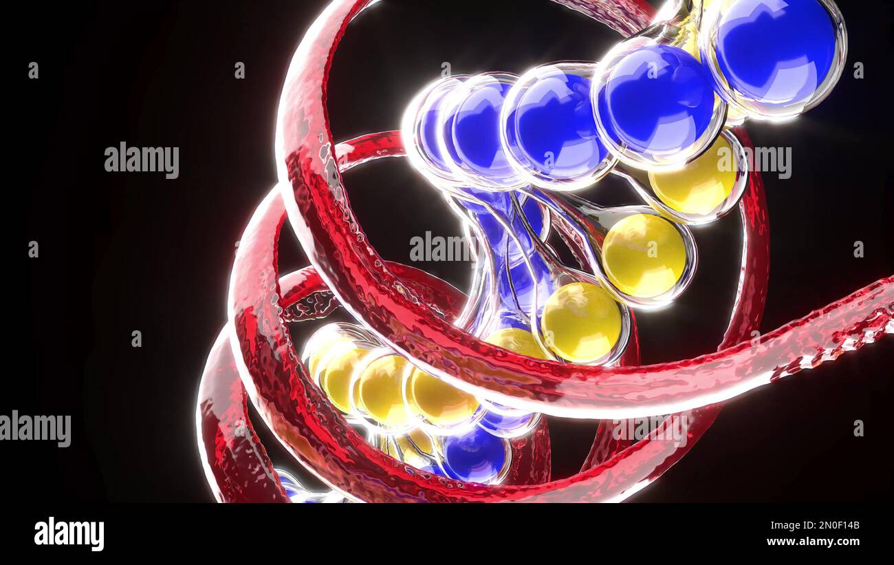 Yellow blue DNA Model and red liquid 3d render Stock Photo - Alamy