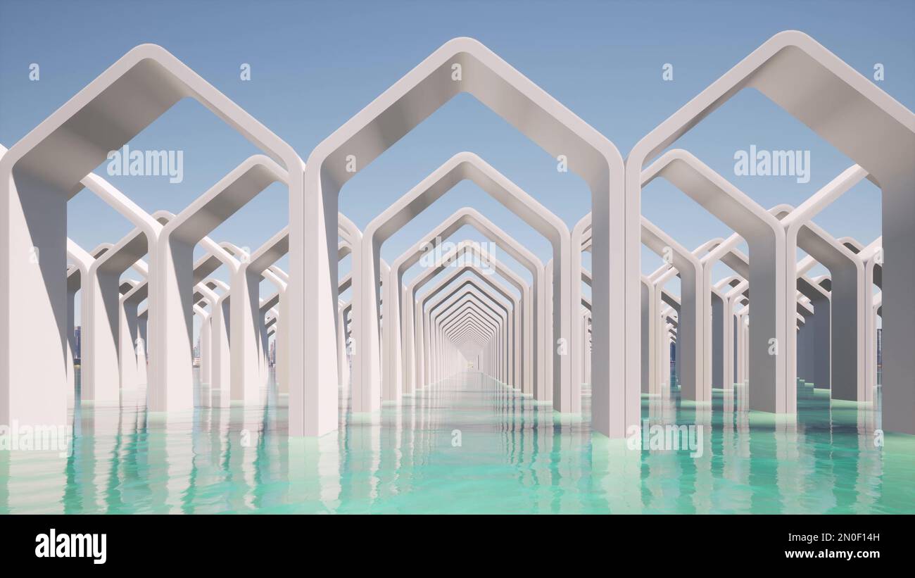 White construction buildings in the ocean 3d render Stock Photo - Alamy