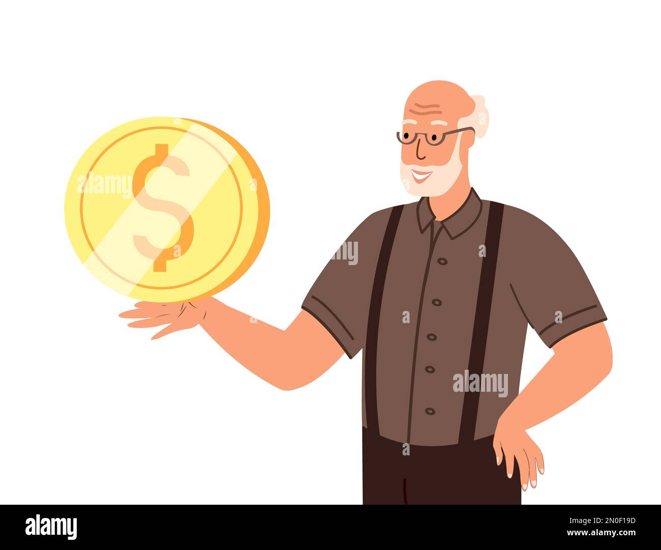 Senior Elderly Man Character Holds Large Golden Coin.Wealthy retirement ...