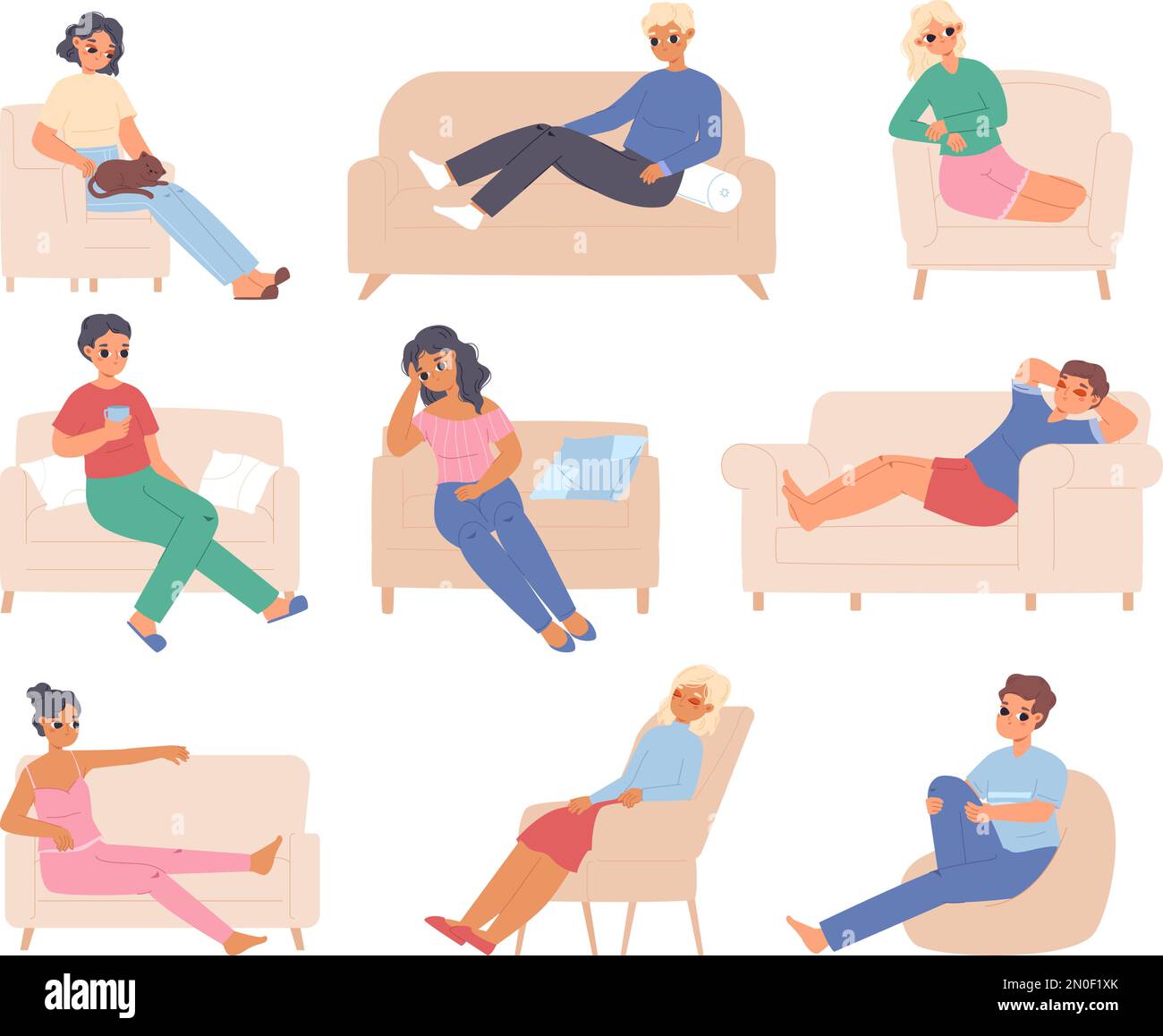 People relax sofa and chairs. Relaxed sitting and sleeping adults, flat ...