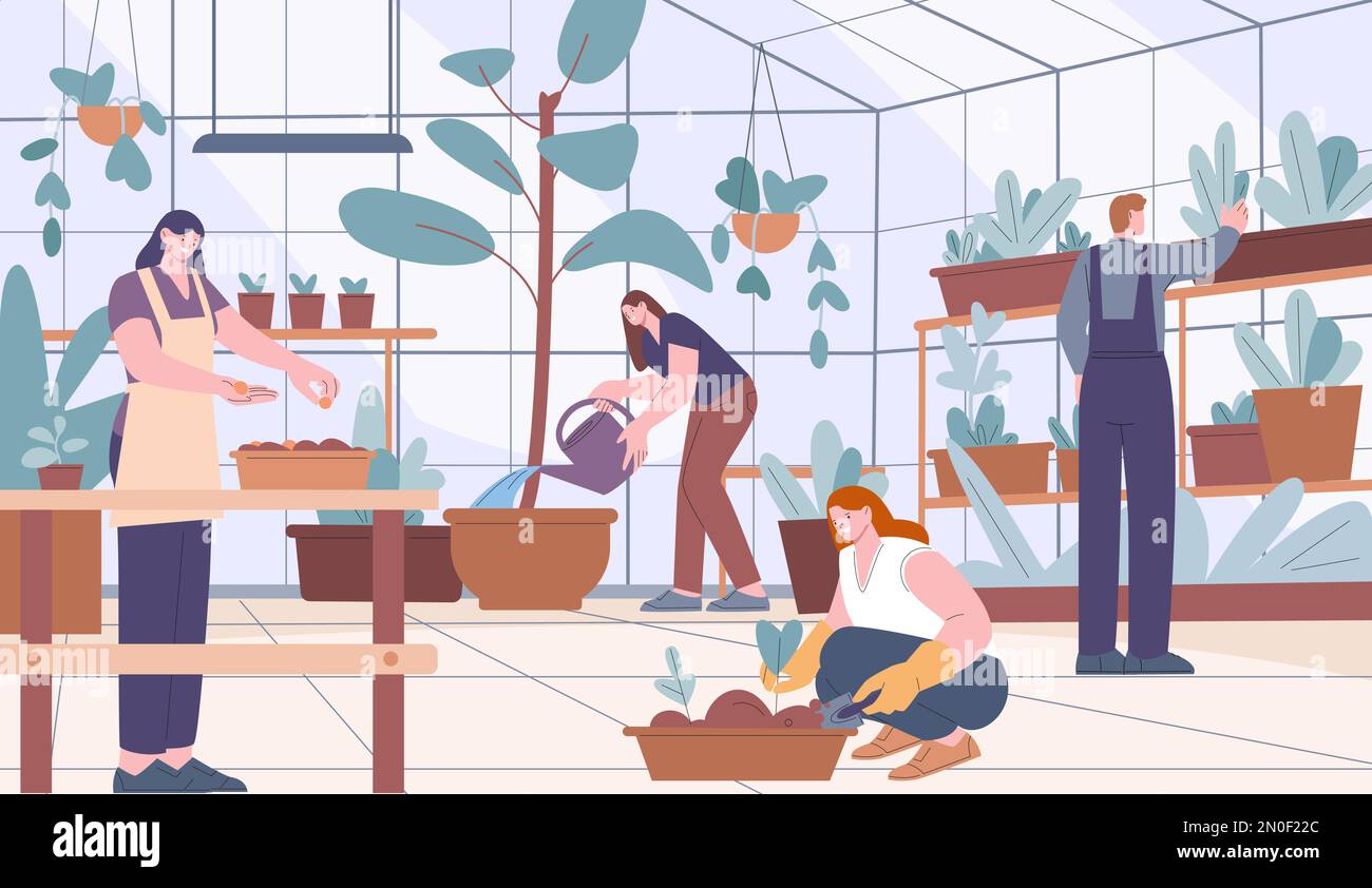 People in greenhouse care plants and flowers. Summer seeding, cartoon ...