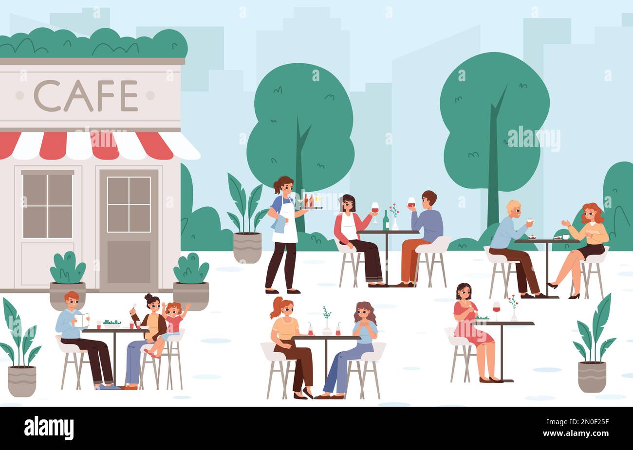 People in summer cafe drinking and eating. Food market, outdoor restaurant or cafeteria. Young ...