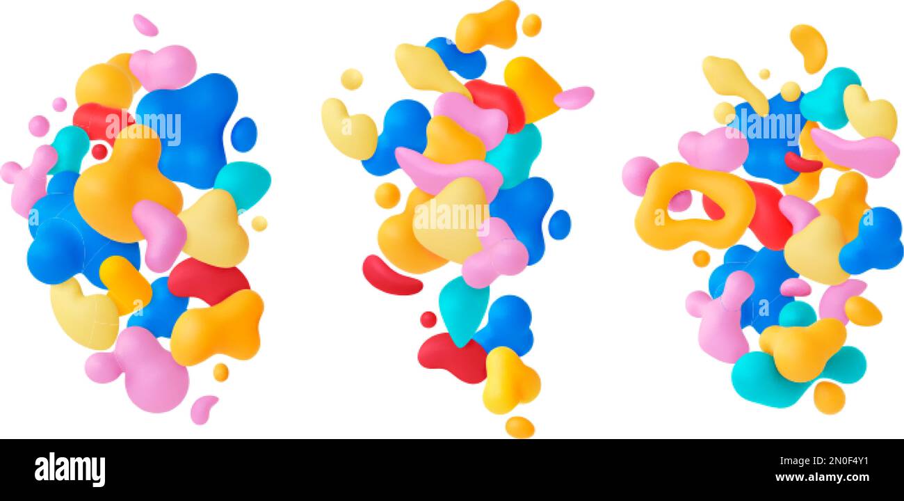 Liquid shapes 3d abstract compositions. Colorful plastic or plasticine blobs and drops ...