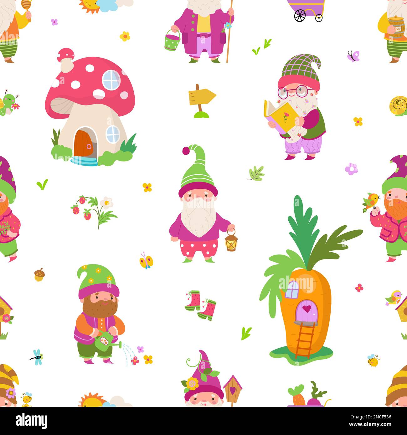 Cartoon gnome seamless pattern. Fairy houses and dwarf, cute funny ...