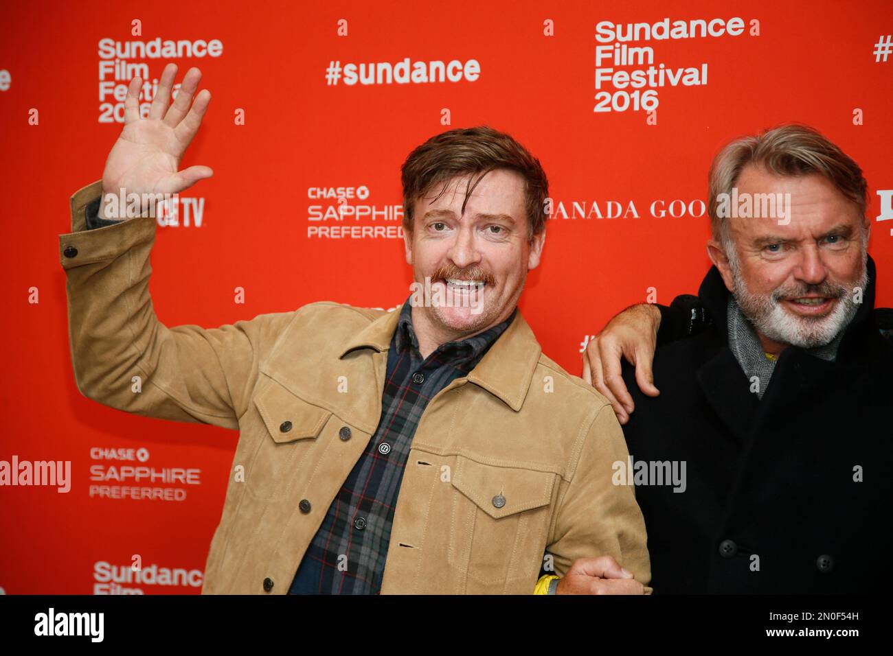 Actors Rhys Darby, left, and Sam Neill, right, pose at the premiere of ...