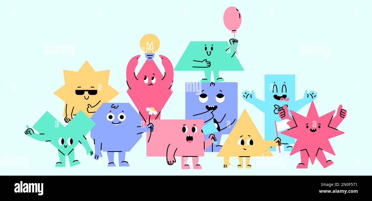 Emotional geometric faces, hexagon square figure characters group ...