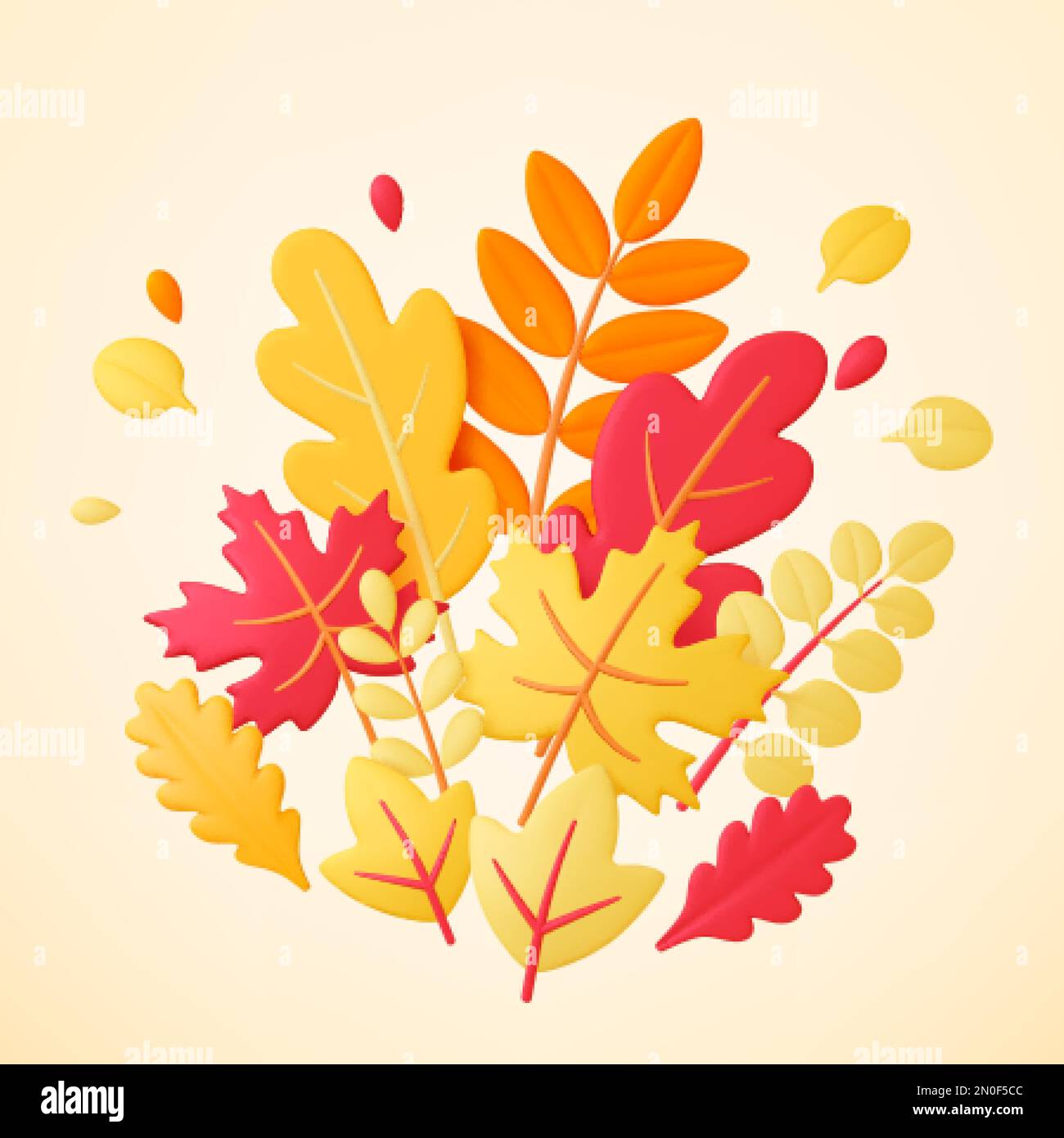 Autumn 3d leaves, leaf yellow bunch. Fall season isolated plants, maple ...