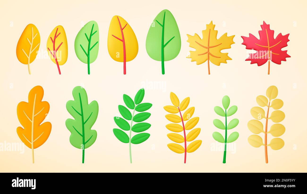 Abstract 3d leaves and trees. Nature realistic plasticine elements ...