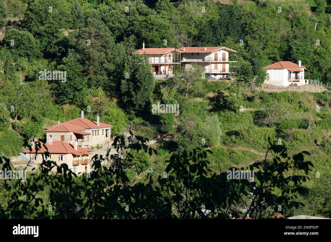 Houses on the mountain Aroania in Zarouhla village. Achaia, Greece ...
