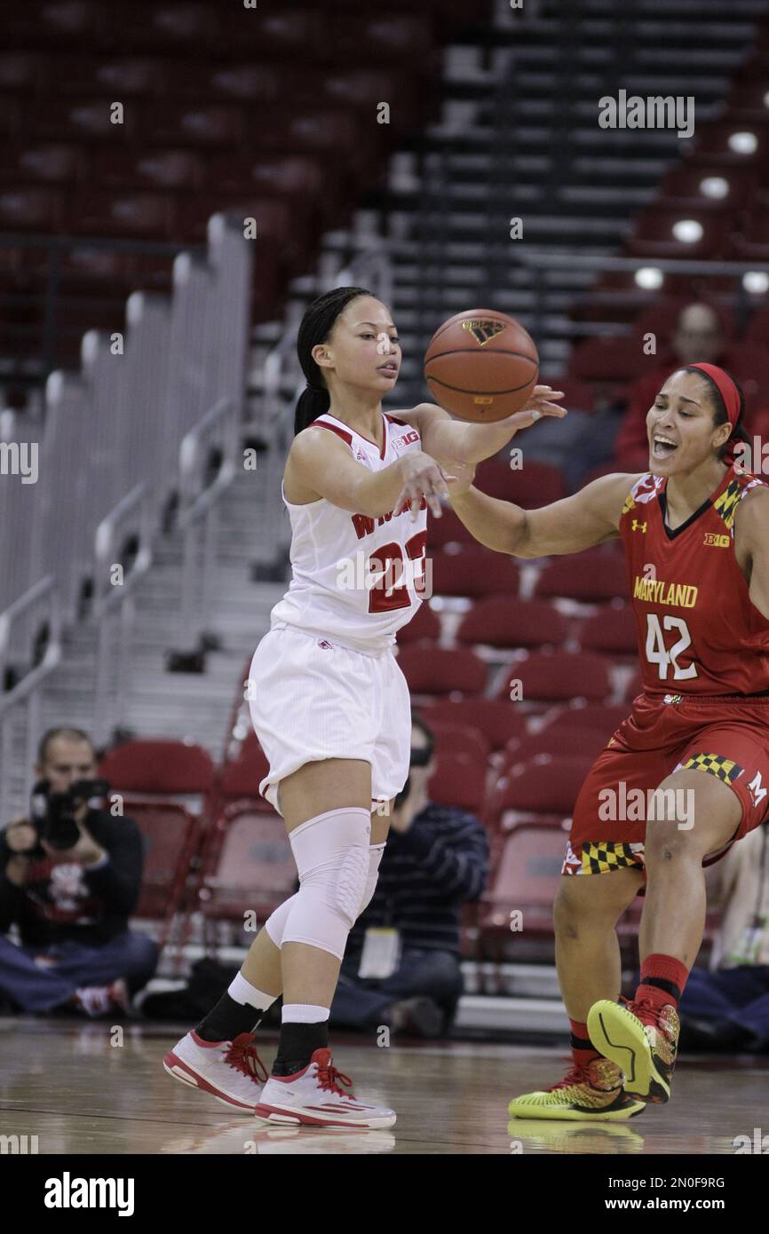 Wisconsin's Cayla McMorris (23) and Maryland's Brionna Jones (42 ...