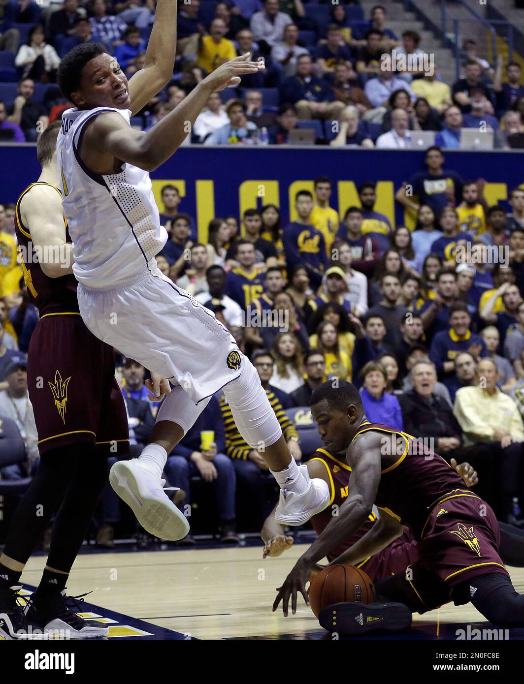 California's Ivan Rabb, left, jumps out of bounds as Arizona State's ...
