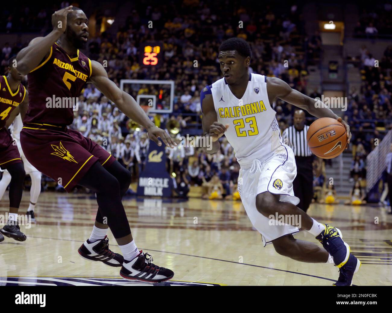 California's Jabari Bird, right, drives the ball against Arizona State ...