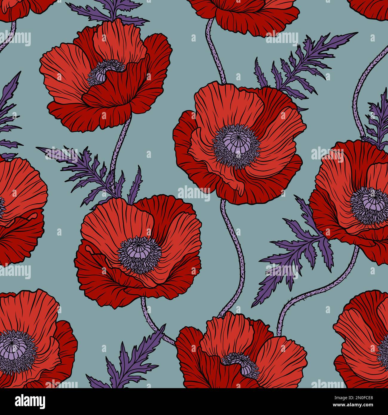 Seamless pattern with red poppy flowers. Papaver. Hand drawn line art ...