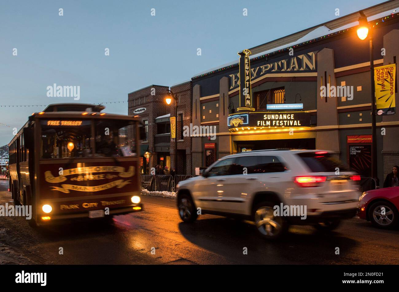 The Main Street Trolley passes the marquee at the Egyptian Theatre on ...