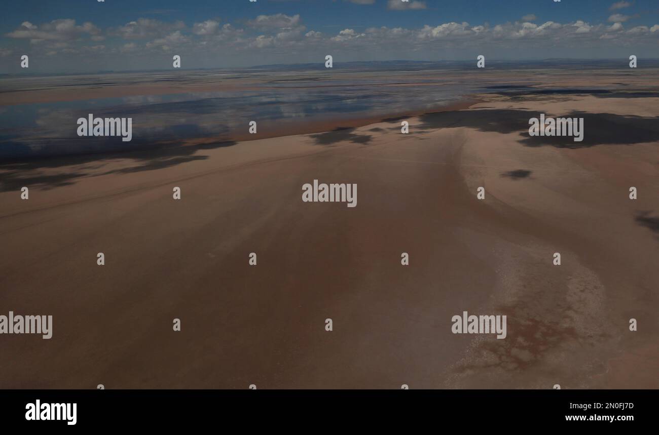 In this Jan. 16, 2016 aerial photo, shows a view of Lake Poopo, Bolivia ...