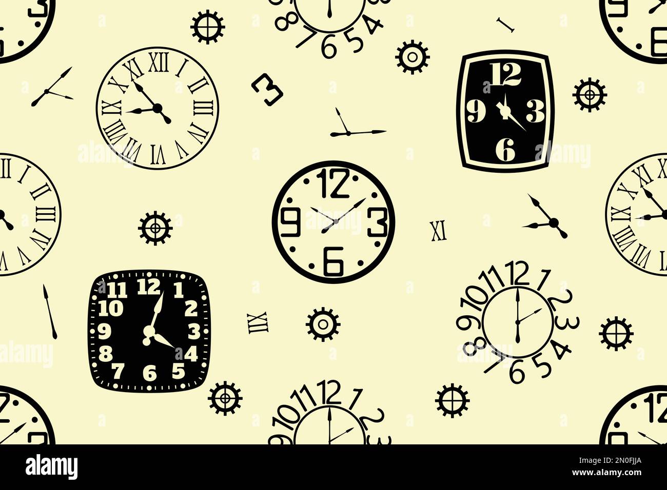 Various wall clocks and gears - seamless pattern Stock Vector Image ...