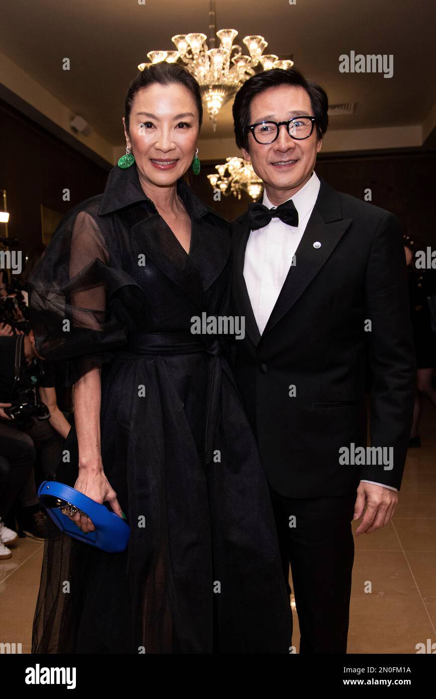 Michelle Yeoh, left, and Ke Huy Quan pose for photographers upon ...