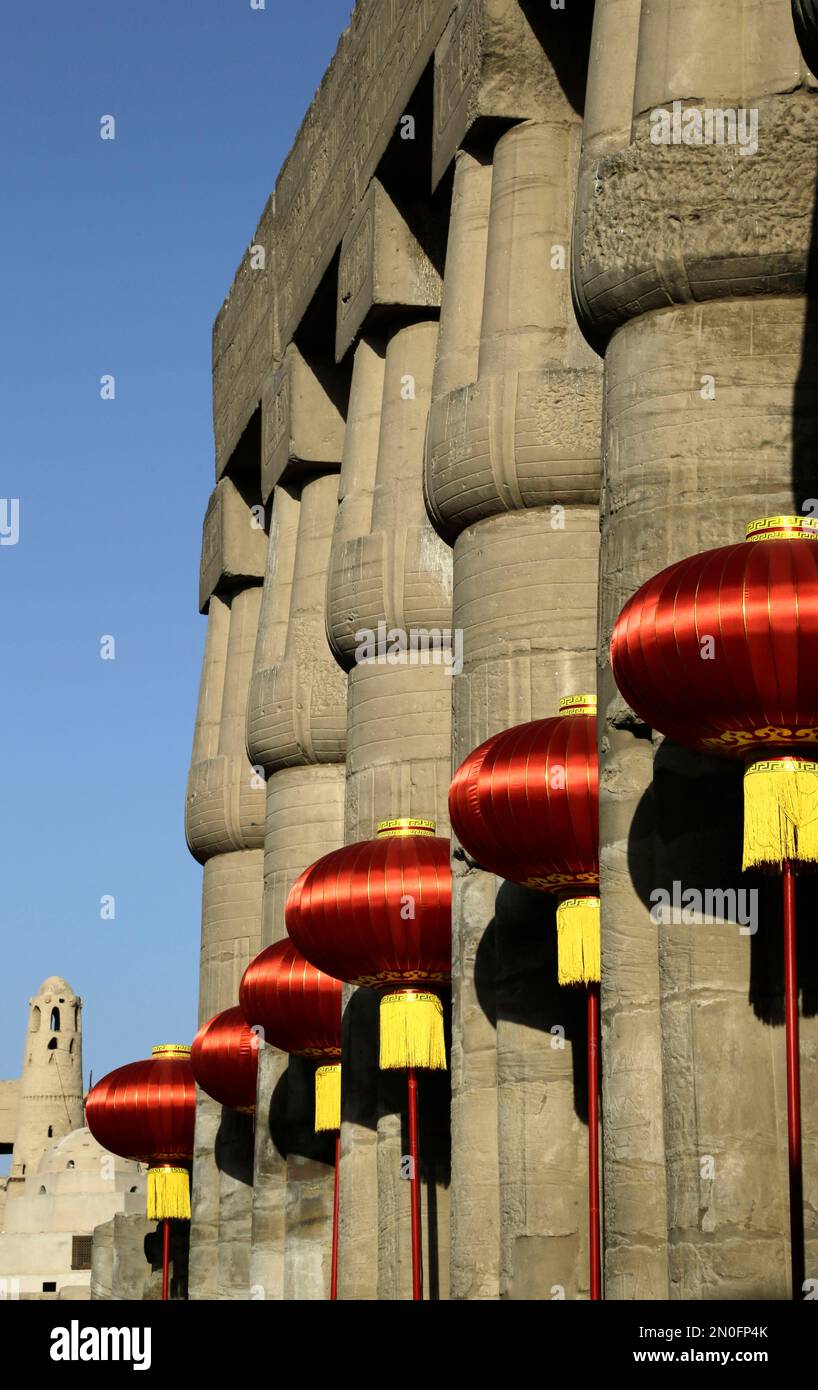 Traditional Chinese lanterns are installed in the Luxor Temple in ...