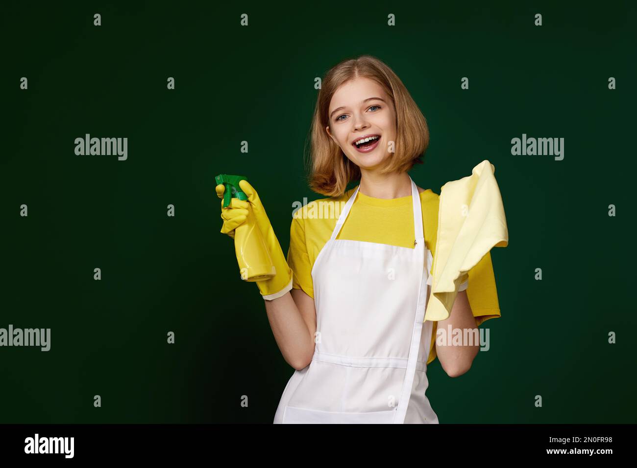 woman in cleaner apron wieaning rag and detergent sprayer Stock Photo ...