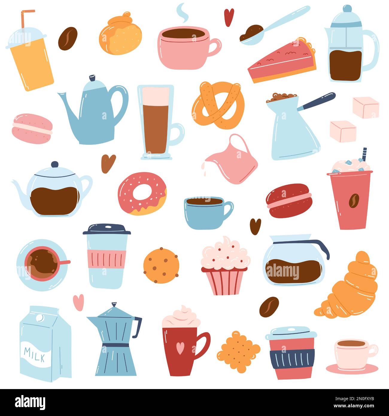 Big set of coffee items as coffee makers, cups, bakery, milk. Hand ...