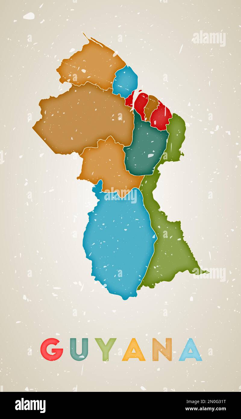 Guyana map. Country poster with colored regions. Old grunge texture. Vector illustration of ...