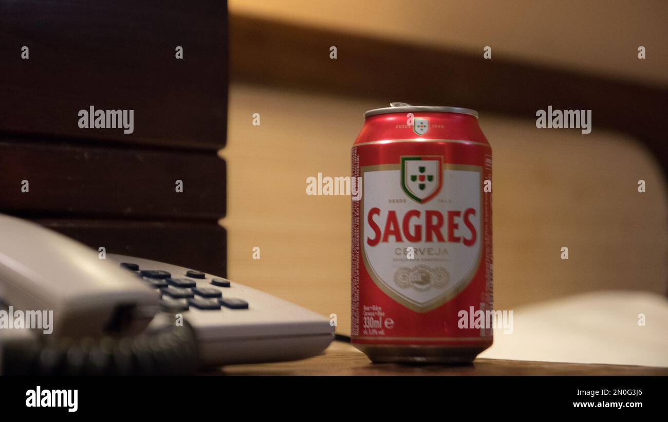 Portugal, Vilamoura, 02.01.2023. an iron can of sagres beer stands on ...