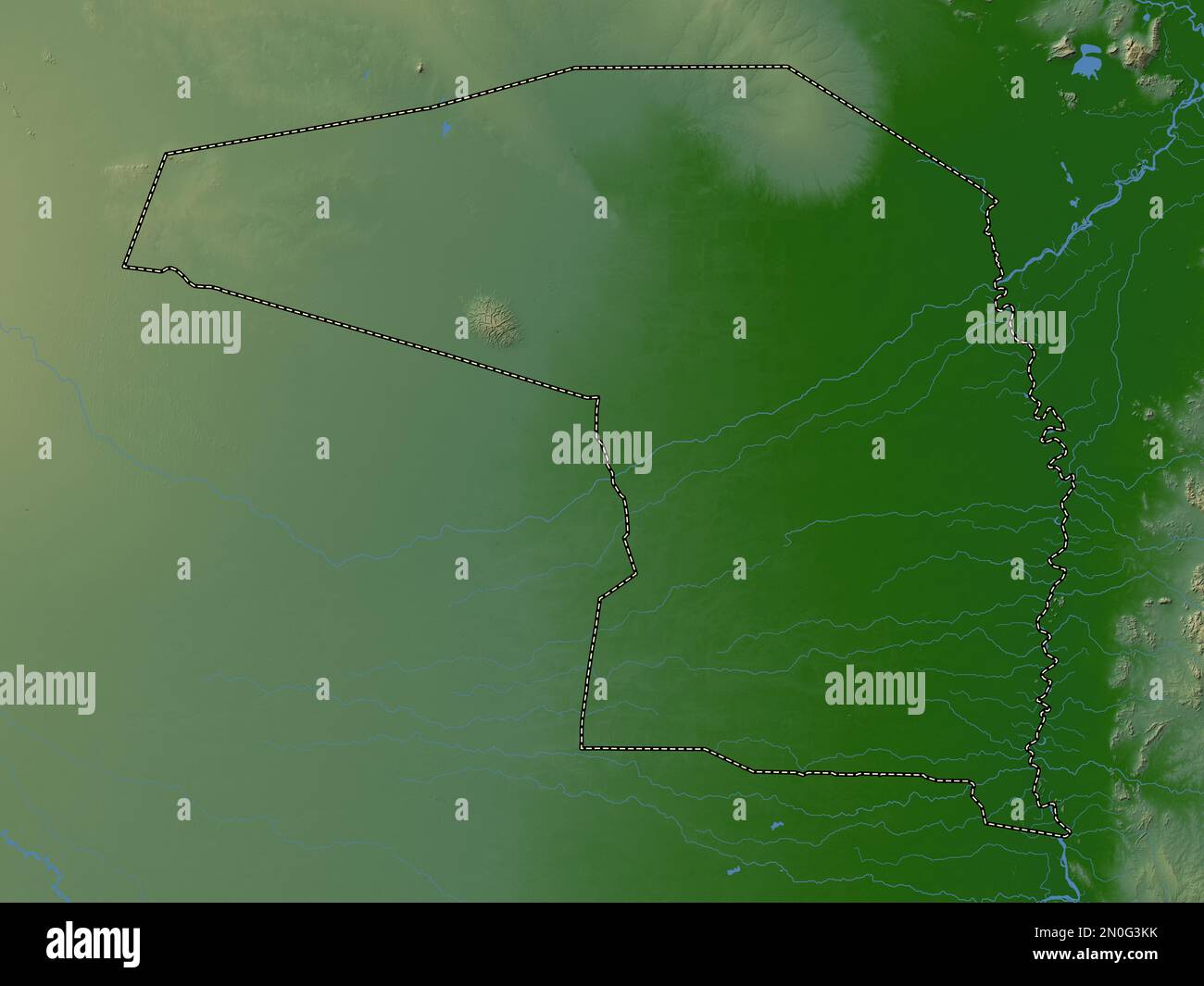Alto Paraguay, department of Paraguay. Colored elevation map with lakes ...