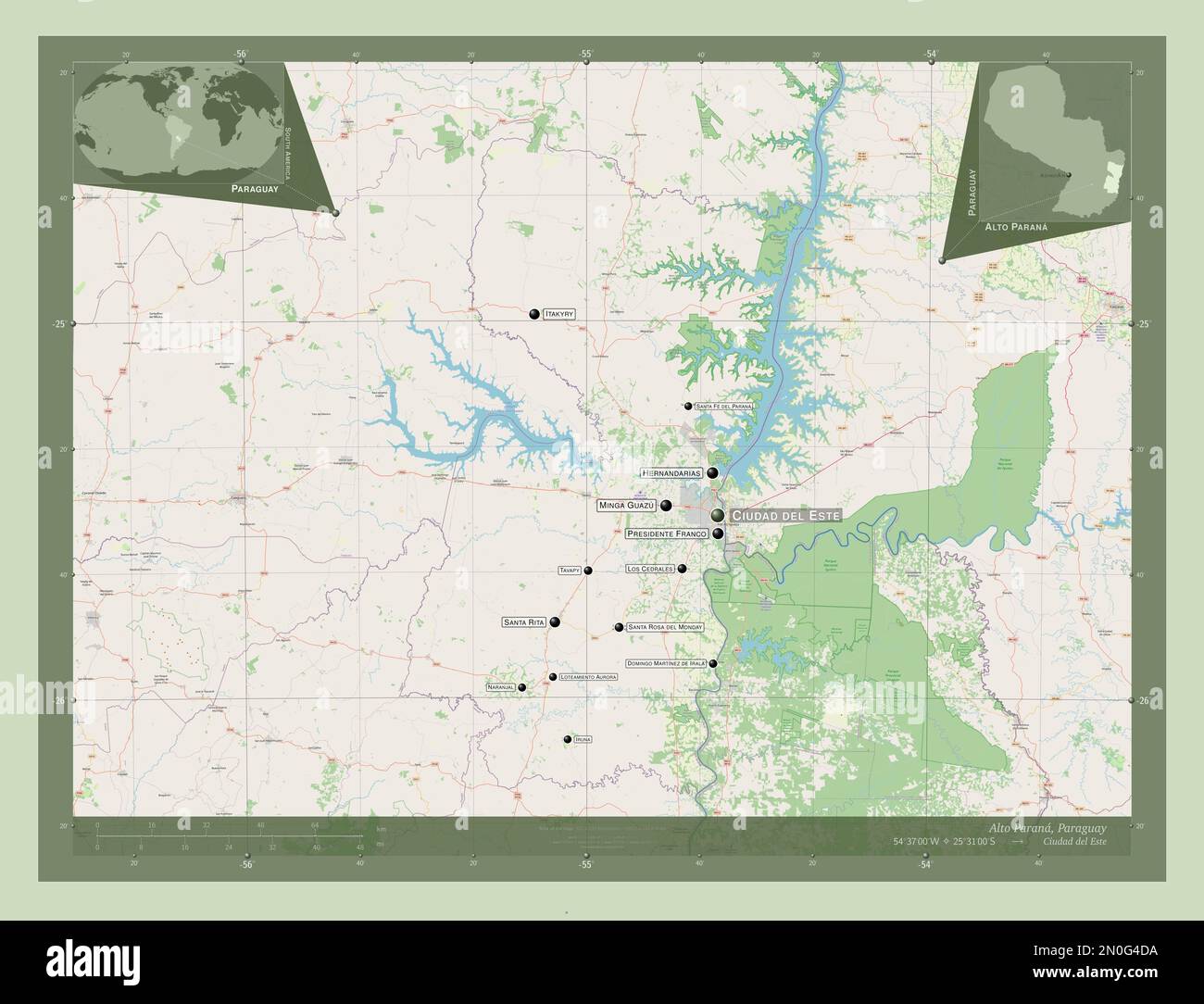 Alto Parana, department of Paraguay. Open Street Map. Locations and ...