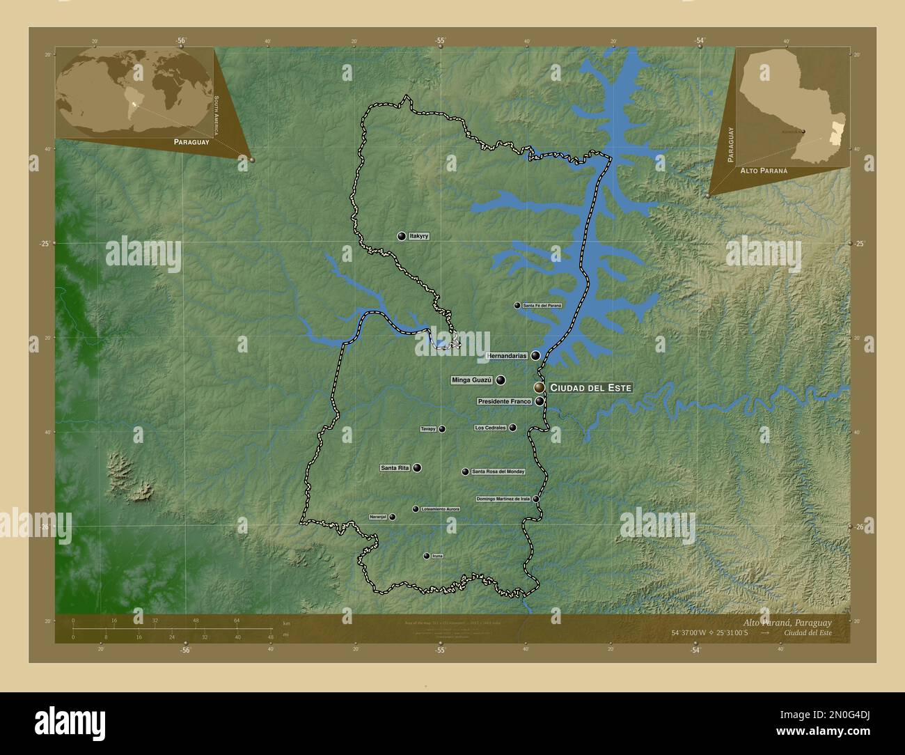 Alto Parana, department of Paraguay. Colored elevation map with lakes ...