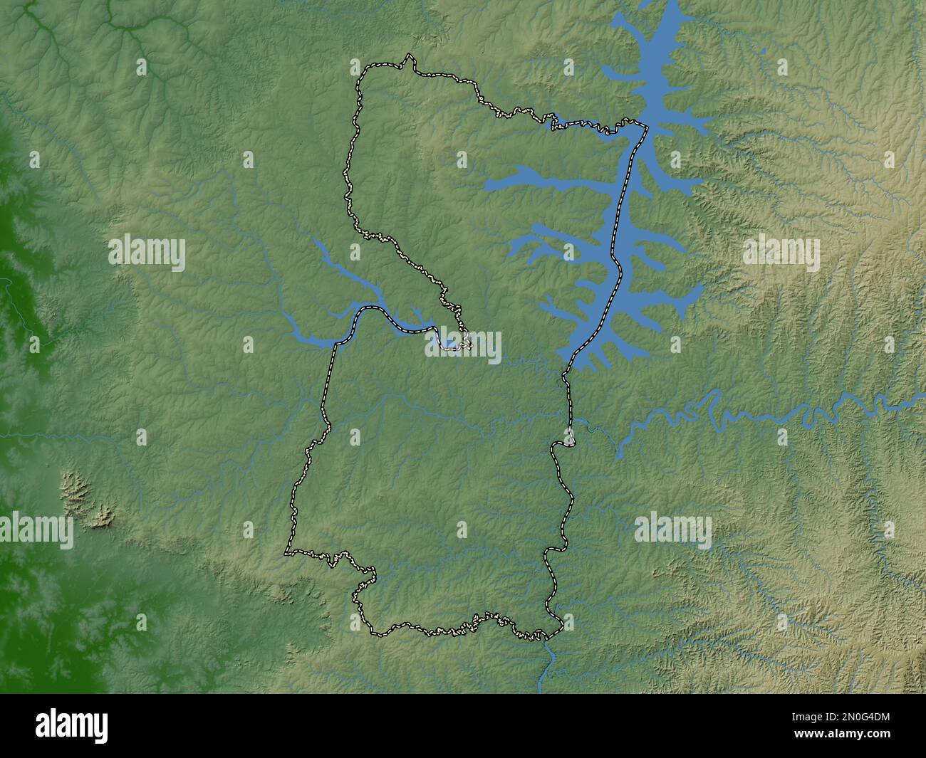 Alto Parana, department of Paraguay. Colored elevation map with lakes ...