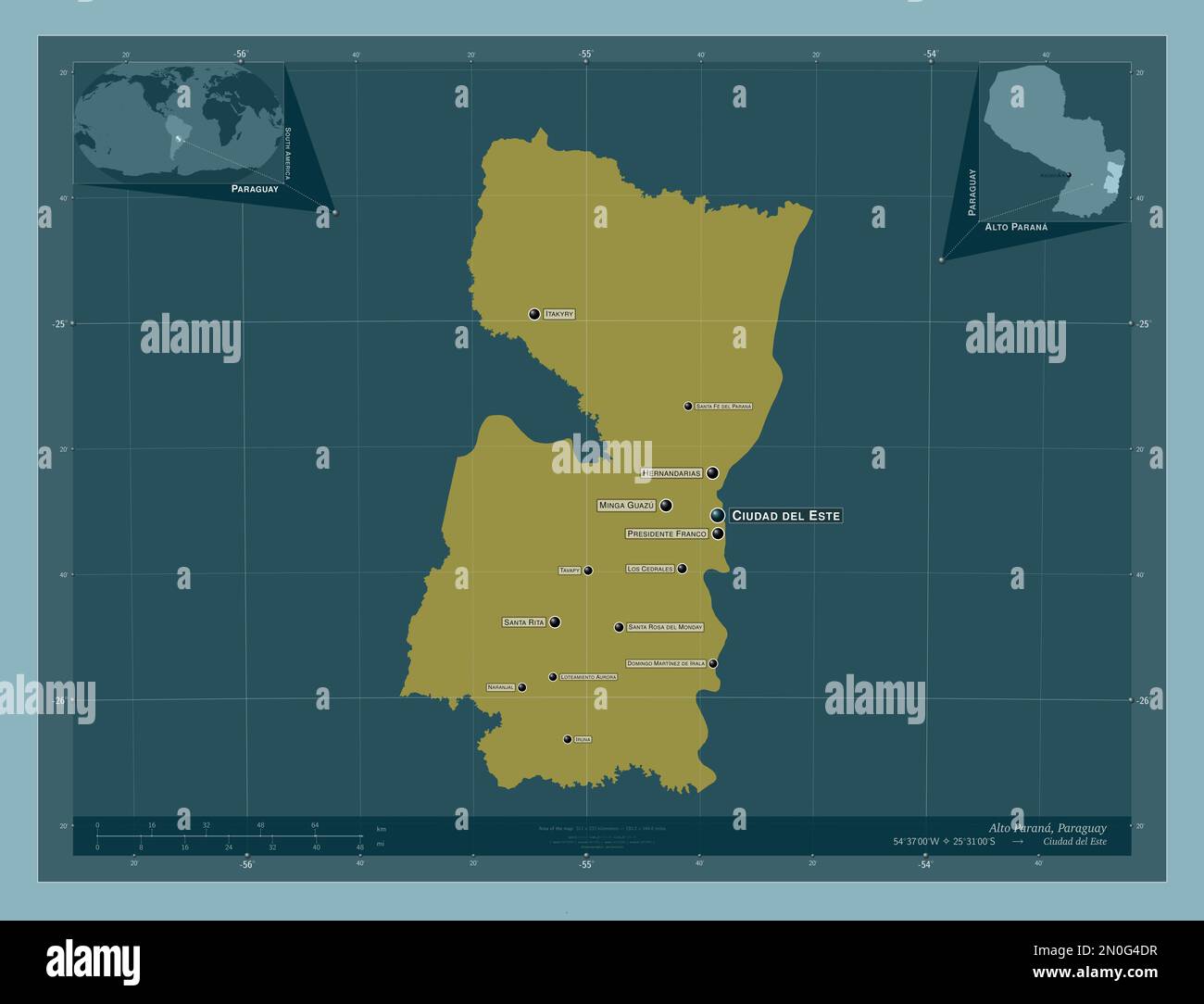 Alto Parana, department of Paraguay. Solid color shape. Locations and ...