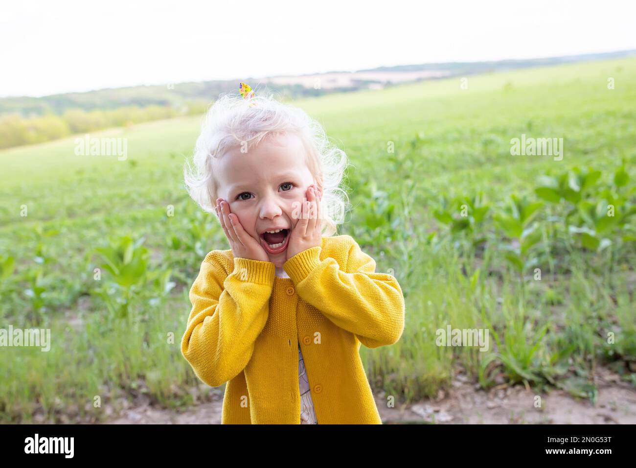 girl is shocked. child pressed his hands to cheeks and looked into ...