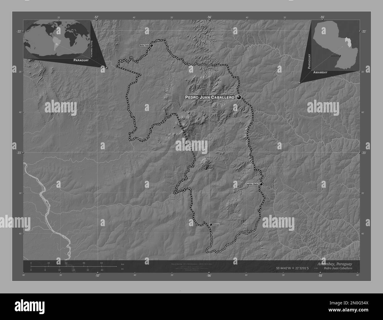 Amambay, department of Paraguay. Bilevel elevation map with lakes and ...