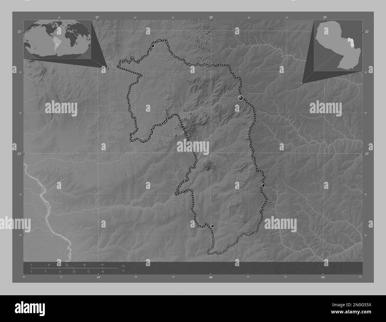 Amambay, department of Paraguay. Grayscale elevation map with lakes and ...