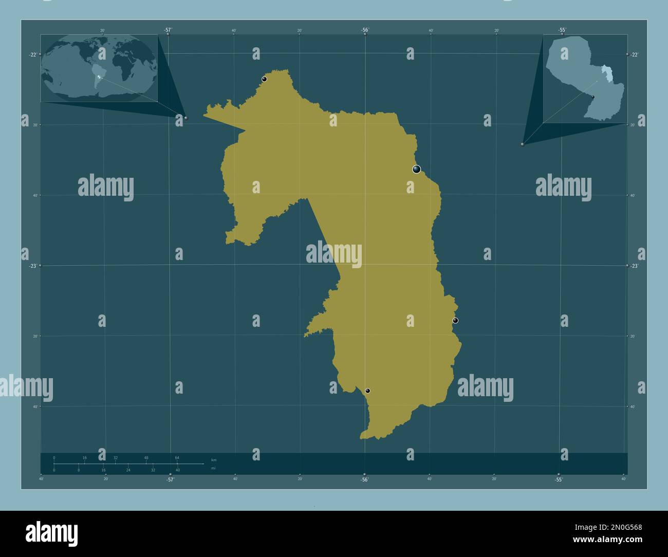 Amambay, department of Paraguay. Solid color shape. Locations of major ...