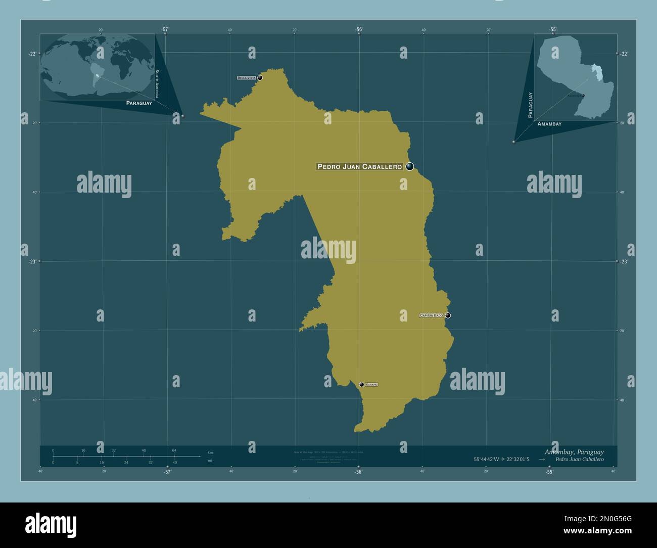 Amambay, department of Paraguay. Solid color shape. Locations and names ...