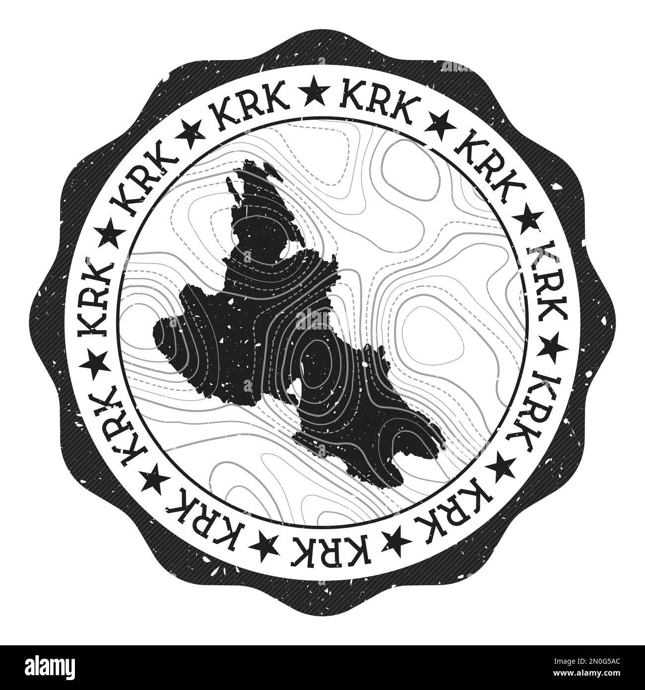Krk outdoor stamp. Round sticker with map of island with topographic ...