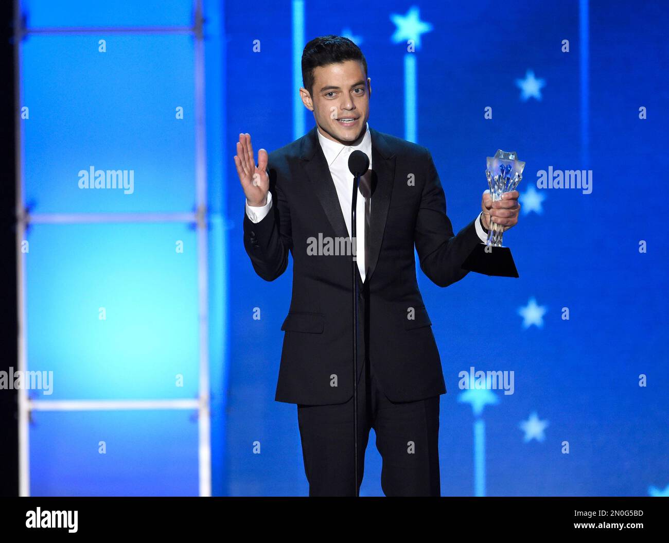 Rami Malek accepts the award for best actor in a drama series for “Mr. Robot” at the 21st annual ...