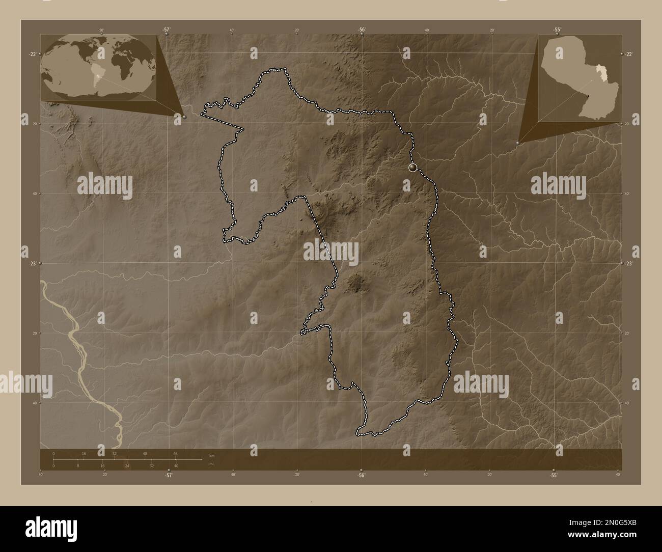Amambay, department of Paraguay. Elevation map colored in sepia tones ...