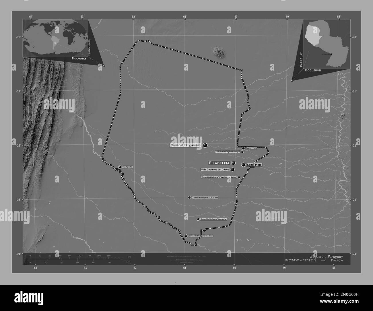 Boqueron, department of Paraguay. Bilevel elevation map with lakes and ...