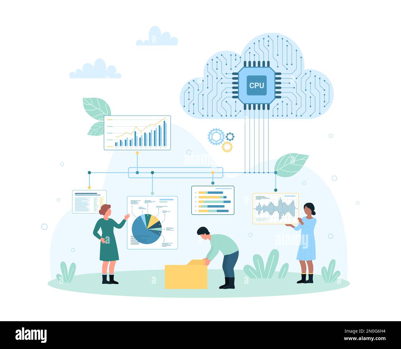 Big financial data analysis service vector illustration. Cartoon tiny people work with cloud ...