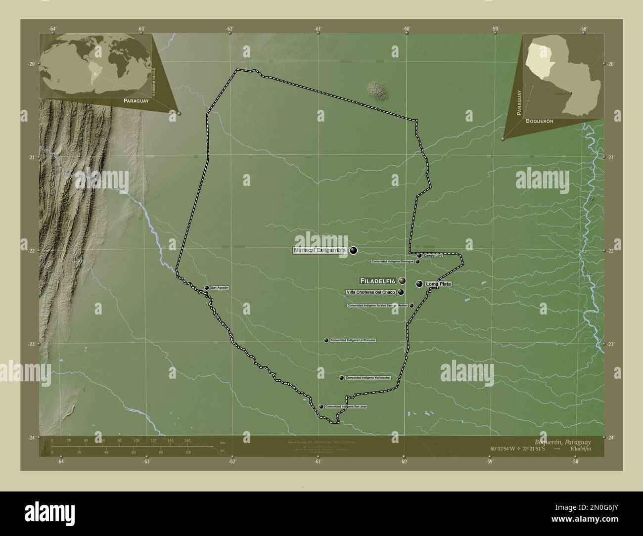 Boqueron, department of Paraguay. Elevation map colored in wiki style ...