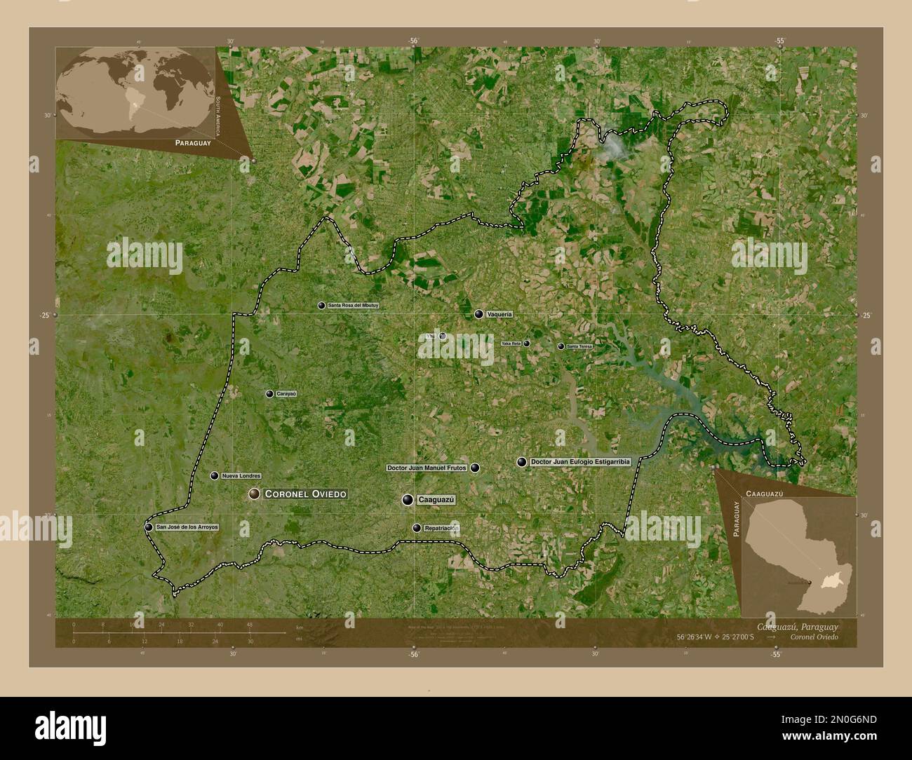 Caaguazu, department of Paraguay. Low resolution satellite map ...