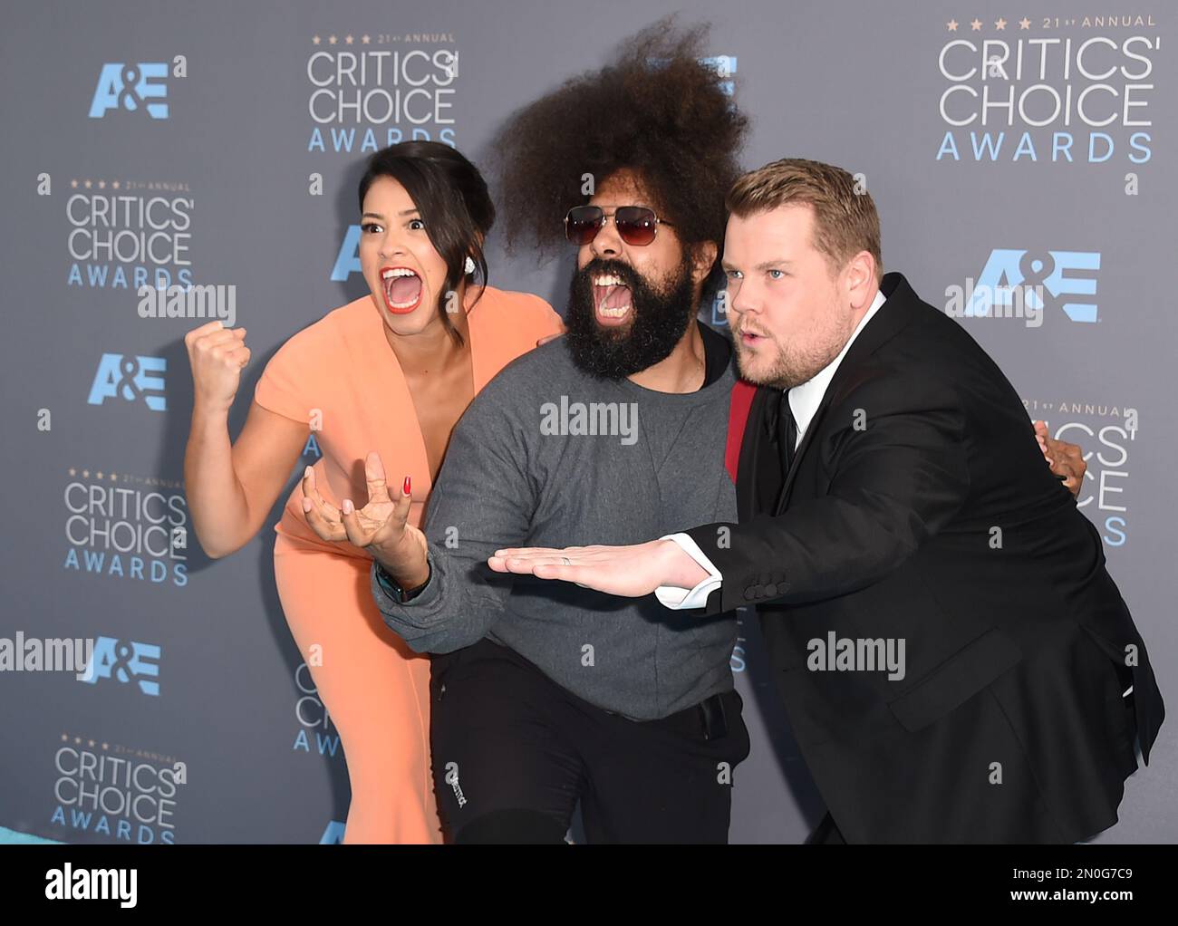 Gina Rodriguez, from left, Reggie Watts, and James Corden arrive at the ...