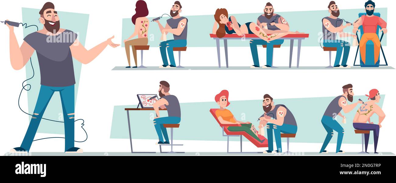 Tattoo artist. Human skin paints body master exact vector cartoon ...