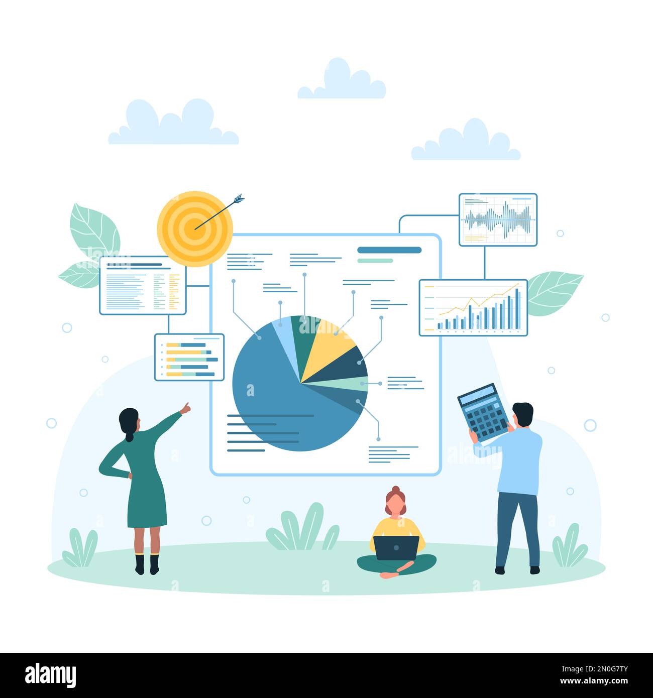 Data analysis of stock market trades vector illustration. Cartoon tiny ...