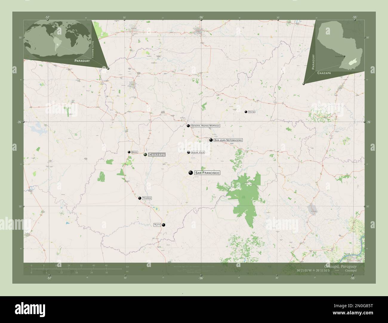 Caazapa, department of Paraguay. Open Street Map. Locations and names ...