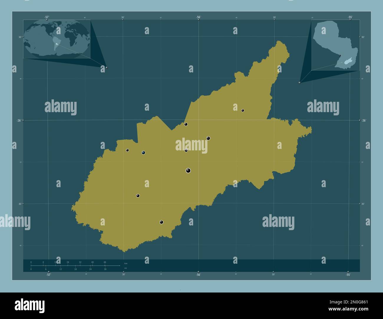 Caazapa, department of Paraguay. Solid color shape. Locations of major ...