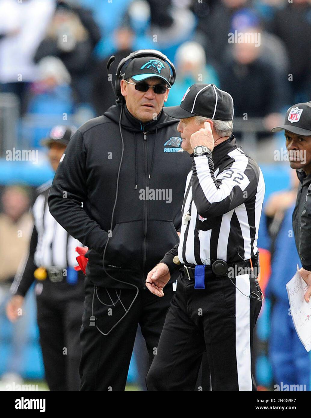 Carolina Panthers head coach Ron Rivera speaks to line judge Jeff ...