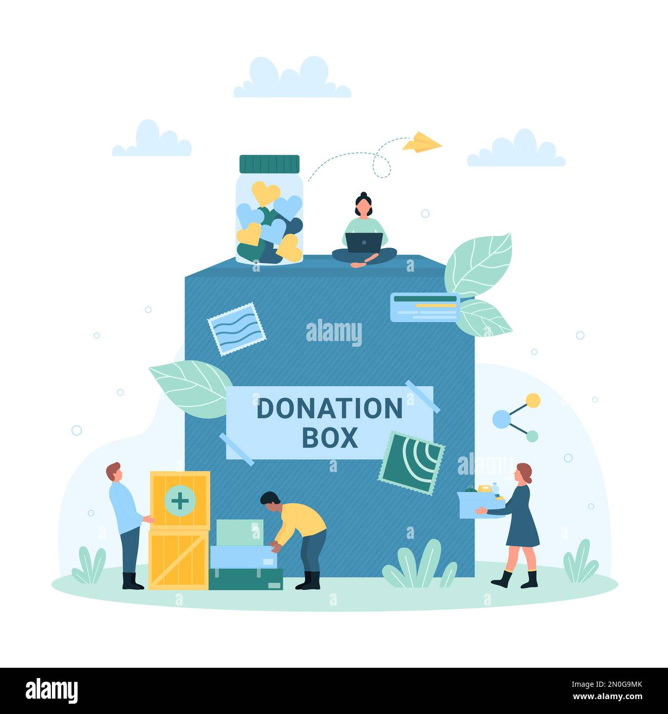 Charity of community vector illustration. Cartoon tiny people donate ...